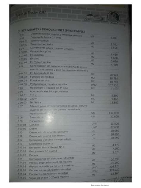 Tabla De Precios Mano De Obra Construccion Pdf