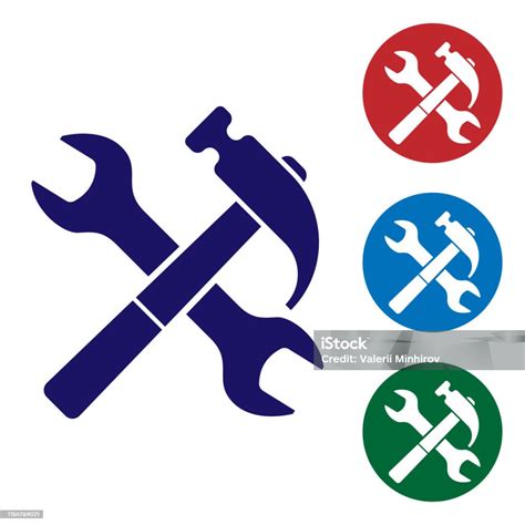 블루 교차 망치와 렌치 아이콘 흰색 배경에 고립 하드웨어 도구 원 버튼의 색상 아이콘을 설정 합니다 벡터 일러스트 건설 산업에 대한 스톡 벡터 아트 및 기타 이미지 Istock