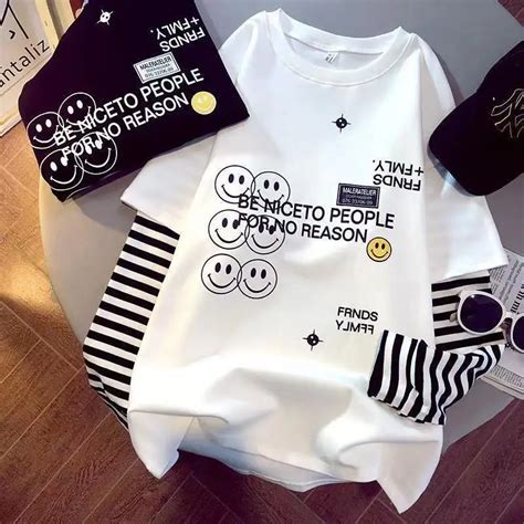 여성용 루즈 코튼 스마일 프린트 티셔츠 페이크 투피스 긴팔 탑 디자이너 의류 럭셔리 한국 패션 여름 Aliexpress