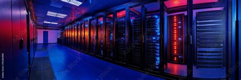 The Interior Of A Secure Server Room Features Multiple Locked Server Racks Illuminated By