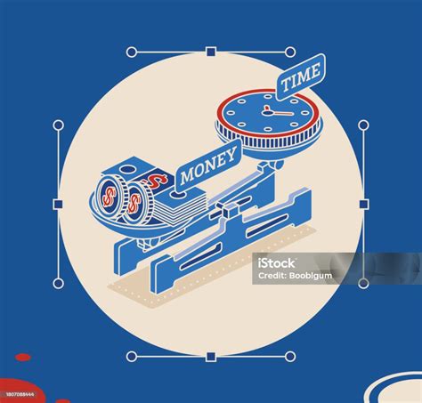 시계와 돈으로 저울의 균형을 맞춥니다 시간과 돈 개념 동전과 종이 지폐가 있는 등각 투영 기계 저울 그릇이 있는 저울 파란색 배경에 3d 개체입니다 0명에 대한 스톡 벡터