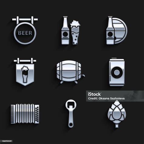 스톱콕 병 따개 홉 맥주 캔 악기 아코디언 맥주 병 및 나무와 비문 아이콘의 거리 간판 유리랙에 나무 배럴을 설정합니다 벡터 0명에 대한 스톡 벡터 아트 및 기타 이미지