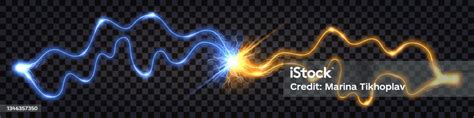전기 방전 충돌 파란색 대 노란색 번개 천둥 볼트 빛나는 감전 효과 가벼운 플래시 임펄스 라인 소용돌이 와이어 격리 된 효과와 전원 전투 벡터 일러스트레이션 노랑에 대한