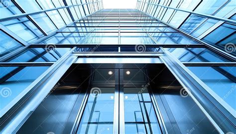 Modern Glass Building Facade With Elevator Doors Under Bright Sky At