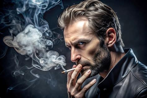Man Smoking Cigarette In Darkness Sharp Features Highlighted Smoke