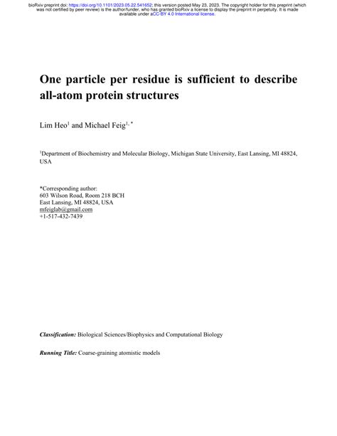 Pdf One Particle Per Residue Is Sufficient To Describe All Atom