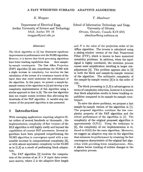 Pdf Fast Weighted Subband Adaptive Algorithm