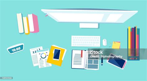 벡터 데스크톱 컴퓨터 책 전화 및 사무용품이 있는 사무실 책상의 상단 보기 개념에 대한 스톡 벡터 아트 및 기타 이미지 개념 개념과 주제 계산기 Istock