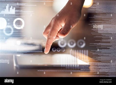 Tablet Screen Hand Or Coding Abstract In Night Office For Data