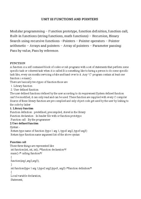 Unit Iii Functions And Pointers Unit Iii Functions And Pointers