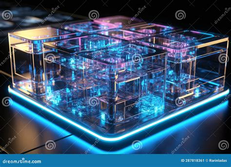 3d Silver Cube Matrix On Smartphone Screen With Blue Neon Light Stock Illustration