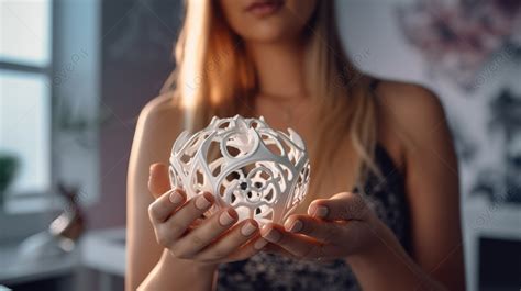 혁신적인 디자인 여성 디자이너가 3d 프린팅된 물체를 전문적으로 들고 있습니다 인쇄 디자인 배경 여성 디자이너 배경 기업 배경 이미지 Hd 인쇄 디자인 여성