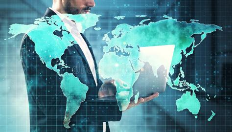Close Up And Side View Of Businessman Hands Using Laptop Computer With Map Hologram On Blurry