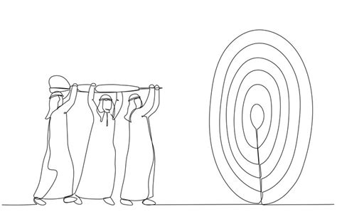 과녁을 겨냥한 다트를 들고 있는 아랍 사업가의 그림 팀 목표 팀워크 협업에 대한 은유 단일 연속 라인 아트 스타일 프리미엄 벡터