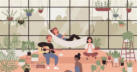 온실 집 정원 벡터 그림에 있는 사람들 만화 젊은 남자 여자 친구 캐릭터는 화분에 화분에 심은 관엽식물과 식물 취미 배경으로 그린 하우스 인테리어에서 함께 시간을 보낸다