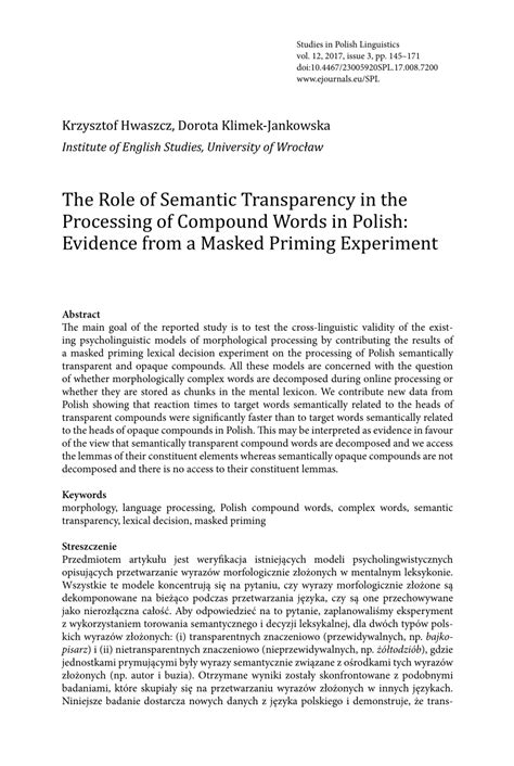 Pdf The Role Of Semantic Transparency In The Processing Of Compound Words In Polish Evidence