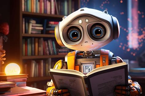 Cartoon Funny Humanoid Android Robot Reading A Book In Interior Stock Illustration