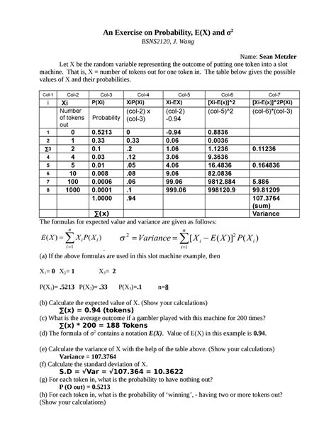 Exercise Mean Variance Problems An Exercise on Probability E X and σ BSNS J Wang