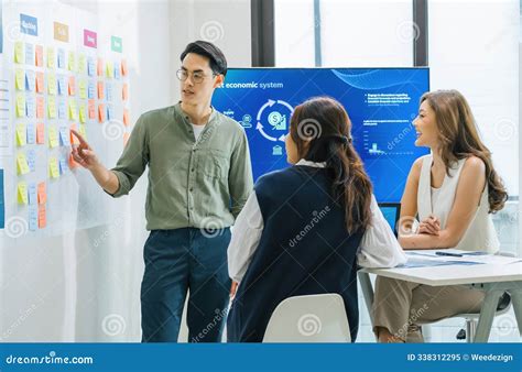 Brainstorming Session Using Sticky Notes On A Task Board Kanban To Organize Ideas And