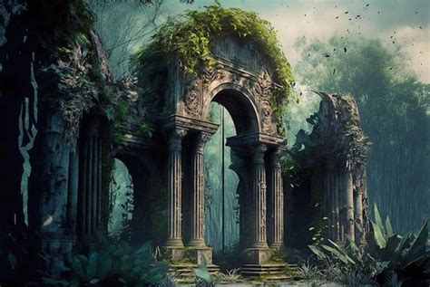 고대 사원의 유적지와 열대 숲 속 오래된 유물 Premium 사진