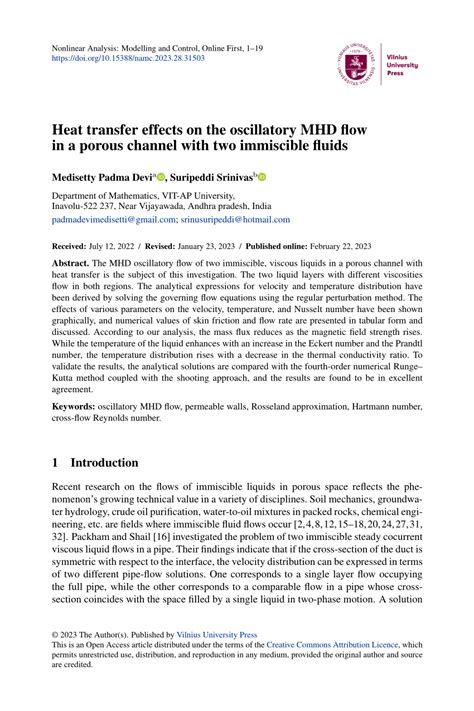 Pdf Heat Transfer Effects On The Oscillatory Mhd Flow In A Porous