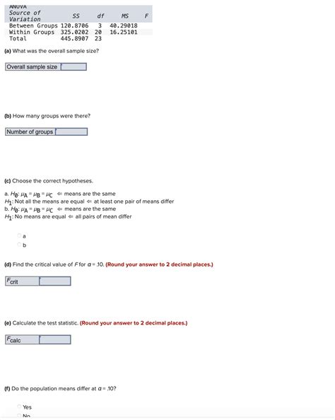 Solved ANOVASource OfVariationSS DfMSFBetween Groups Chegg