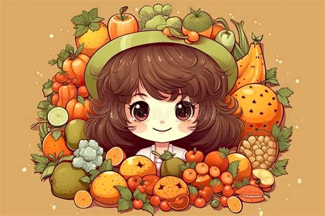 Cute Chibi Young Woman With Fresh Vegetables And Fruits Stock Illustration Illustration Of