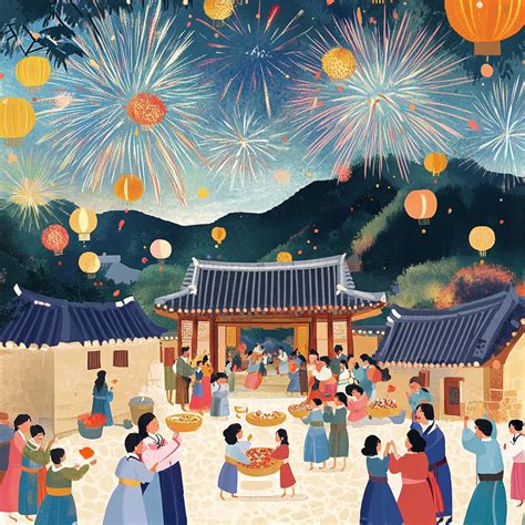 2025년 새해를 맞이하는 한국의 전통적인 풍경을 배경으로 한 일러스트 화려한 불꽃놀이가 하늘을 수놓고 사람들은 새해를 축하하며 다채로운 한복을 입고 모여 있는 모습