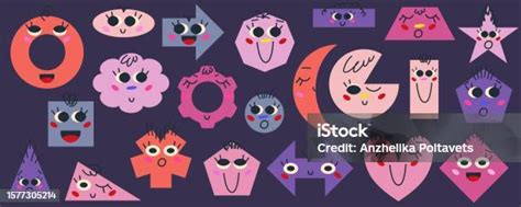 수학 교육을 위한 그림 문자 모양 세트 아이를 위한 기하학적인 귀여운 미소 캐릭터 유치원 게임을 위한 이모티콘 얼굴로 수학을