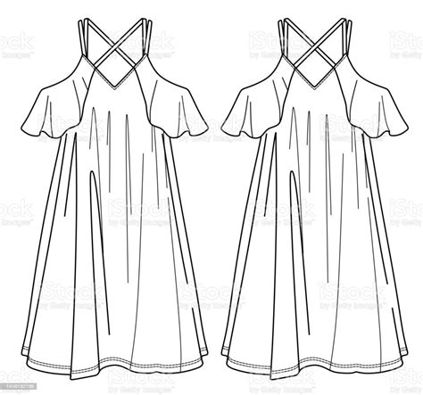 벡터 여성 여름 드레스 패션 Cad 어깨 끈 기술 도면 템플릿 플랫 스케치와 드레스 저지 또는 짠 직물 드레스 전면 후면보기