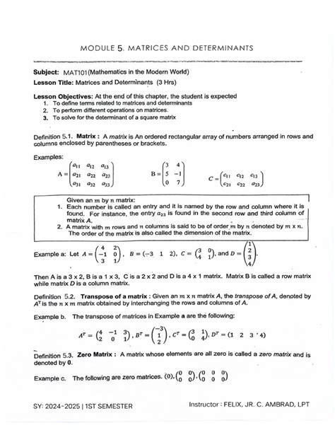 Mmw Module 5 Matrices And Determinants Pdf