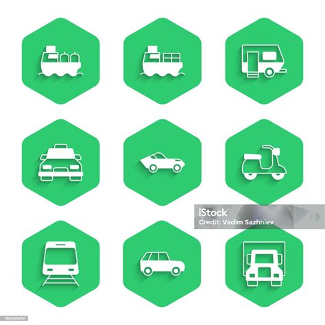 세트 자동차 배달화물 트럭 스쿠터 기차 및 철도 택시 Rv 캠핑 트레일러 및 유조선 선박 아이콘 벡터 0명에 대한 스톡 벡터