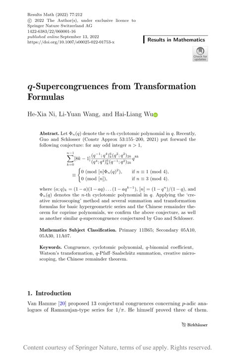 Q Supercongruences From Transformation Formulas Request Pdf