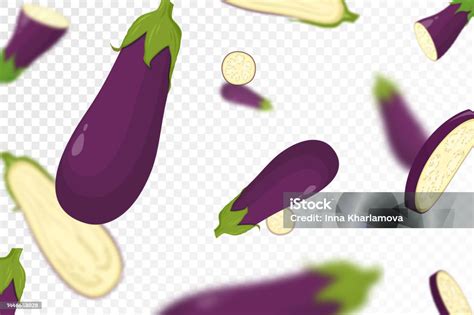 투명한 배경에 격리된 떨어지는 가지 흐릿한 효과로 전체 및 얇게 썬 가지 야채를 날립니다 광고 포장 배너 포스터 인쇄에 사용할 수 있습니다 벡터 평면 디자인 가지 채소에