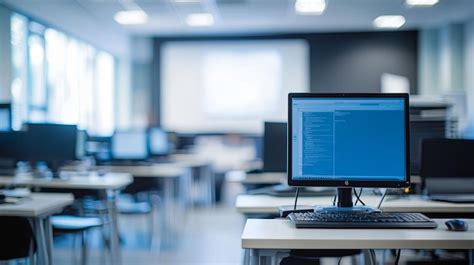 Computer In A Classroom Setting With Blurred Background Premium Ai Generated Image