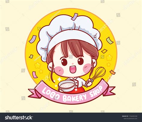 Cute Bakery Chef Girl Smiling Cartoon เวกเตอร์สต็อก ปลอดค่าลิขสิทธิ์