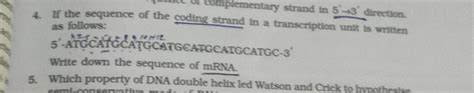 If The Sequence Of The Coding Strand In A Transcription Unit Is Written A