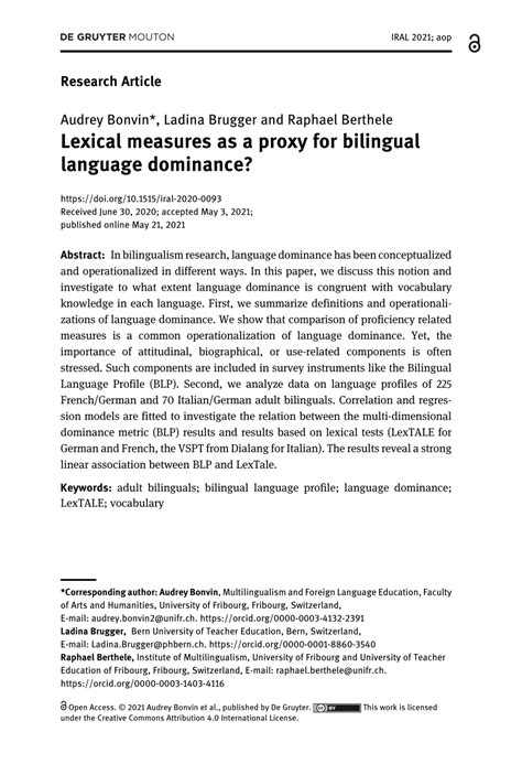 Pdf Lexical Measures As A Proxy For Bilingual Language Dominance