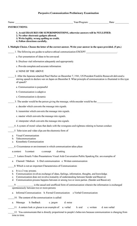 Purposive Communication Exam Prelim Purposive Communication Preliminary Examination Name