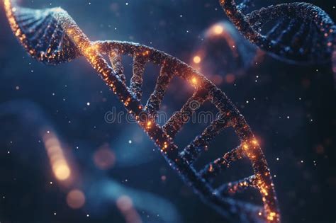 Close Up View Of A Luminous Dna Double Helix Structure Floating In A Dark Environment With