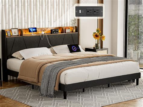 Ikifly Upholstered Cal King Led Bed Frame With Storage Shelf And Charging