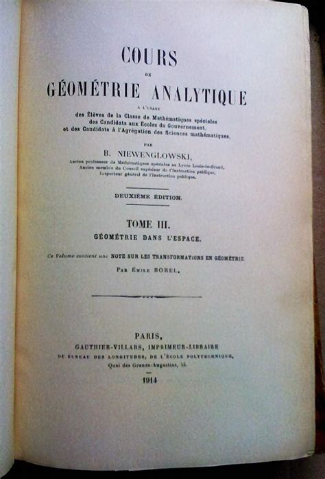 Cours de géométrie analytique à l usage des élèves de classe de mathématiques spéciales des