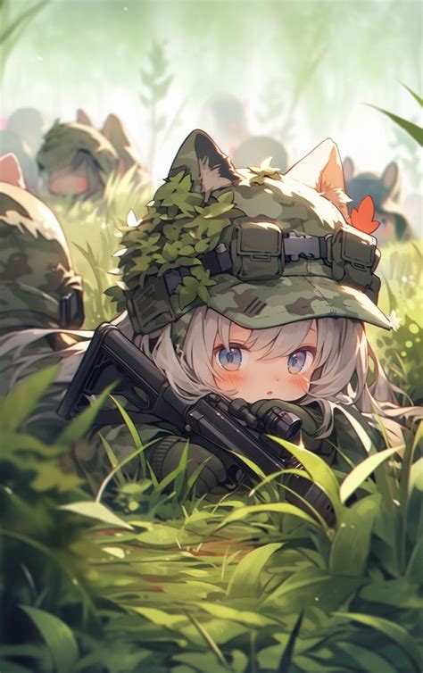 Девочка в военной форме с кошачьими ушами прячется в траве с оружием аниме Кошачьи Аниме