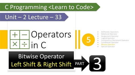 Unit 2 Lecture 33 Operators In C Part 5 Bit Wise Operator Part 3 Left Shift And Right Shift