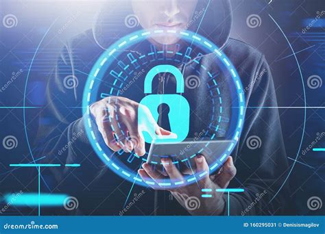 Hacker With Tablet Cyber Security Hud Interface Stock Image Image Of Hacker Icon 160295031