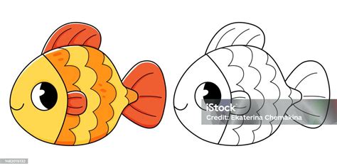 아이들을 위한 색칠 예제가 있는 금붕어 색칠하기 책 물고기와 색칠 페이지 흑백 및 컬러 버전 벡터 어린이 그림입니다 물고기에 대한 스톡 벡터 아트 및 기타 이미지 Istock