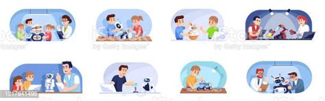 로봇 은 플랫 벡터 일러스트 세트를 코스 로봇 설계 프로그래밍 및 수리 스마트 기술 컴퓨터 과학 클럽 만화 캐릭터의 어린이와