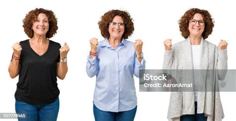 흰색 고립 된 배경 위에 중 나이 고위 여자의 콜라주는 놀라게 하 고 팔을 제기 하 고 열려있는 눈으로 성공에 대 한 깜짝 놀라게 축 하 승자 개념입니다 갈색 머리에 대한
