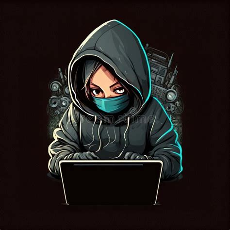 Cute Girl Hacker With Laptop Avatar In Cartoon Style Black Backdrop Stock Illustration