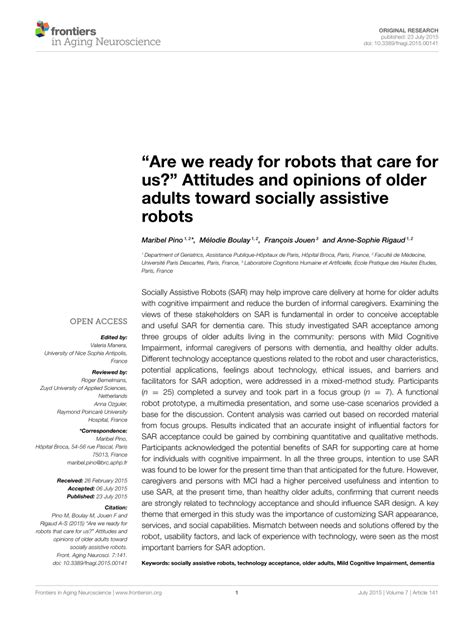Pdf Are We Ready For Robots That Care For Us” Attitudes And Opinions Of Older Adults Towards